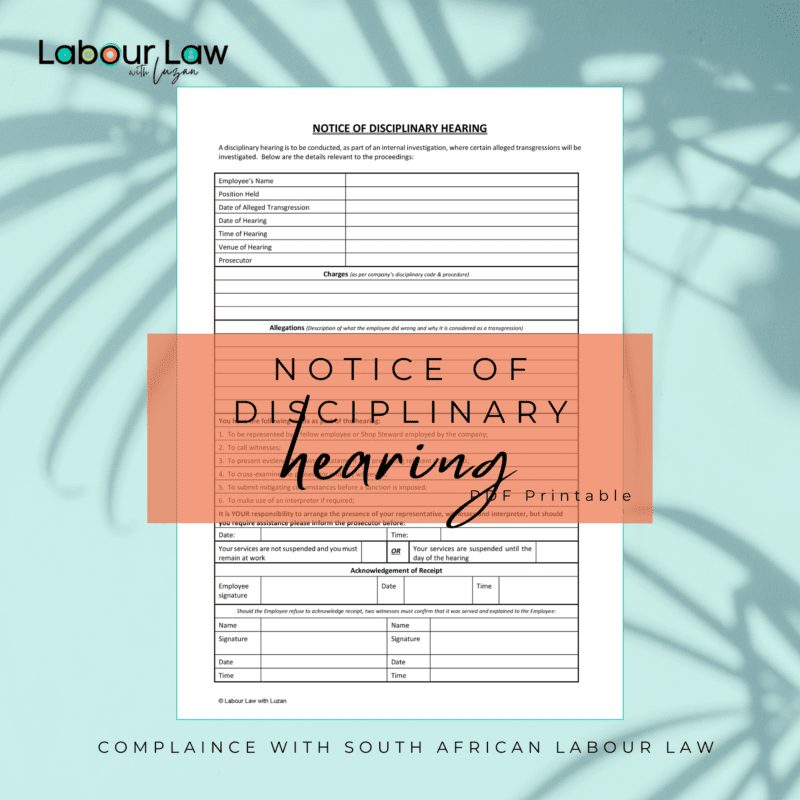 Notice of Disciplinary Hearing Template - Labour Law with Luzan