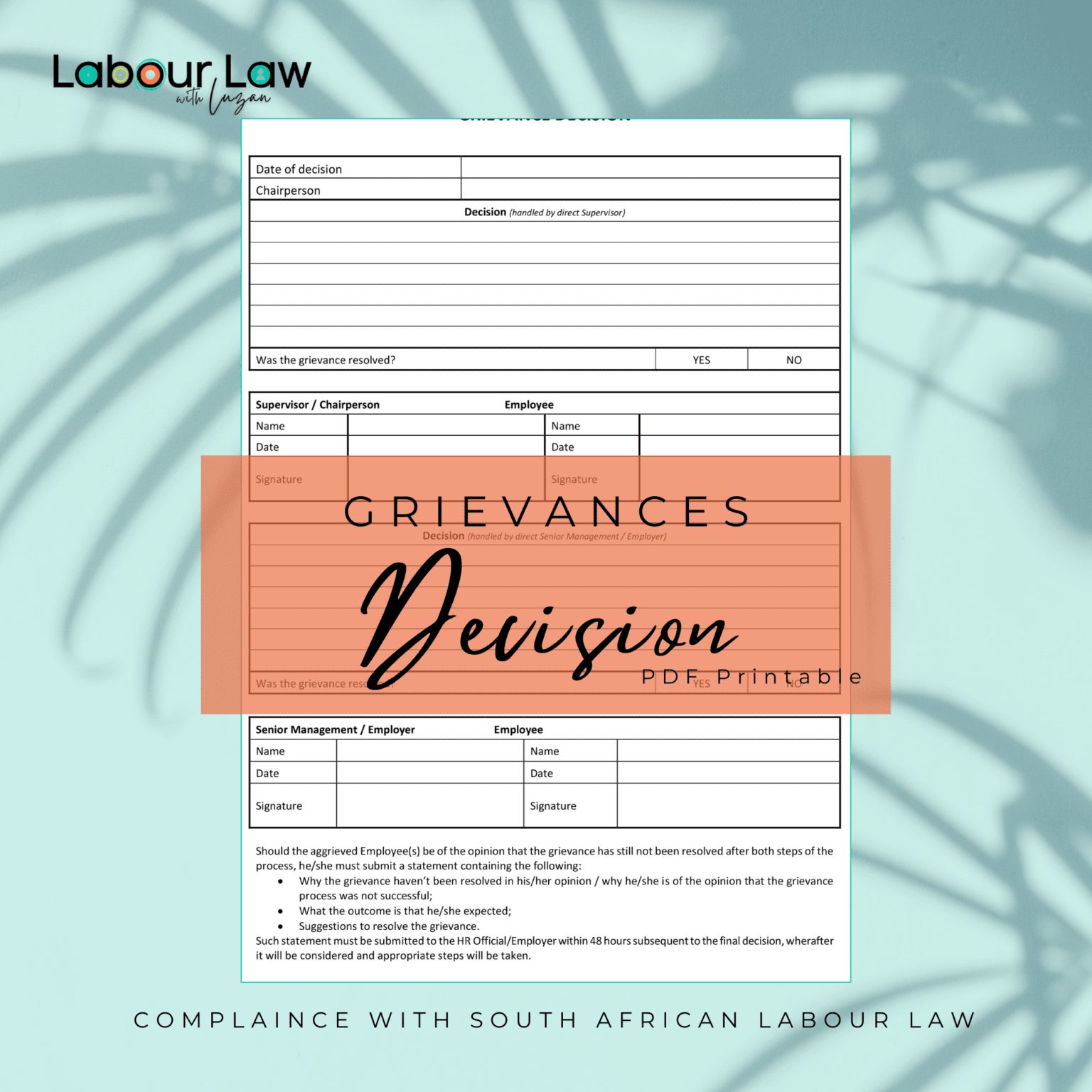 Grievances Decision Form Template - Labour Law with Luzan