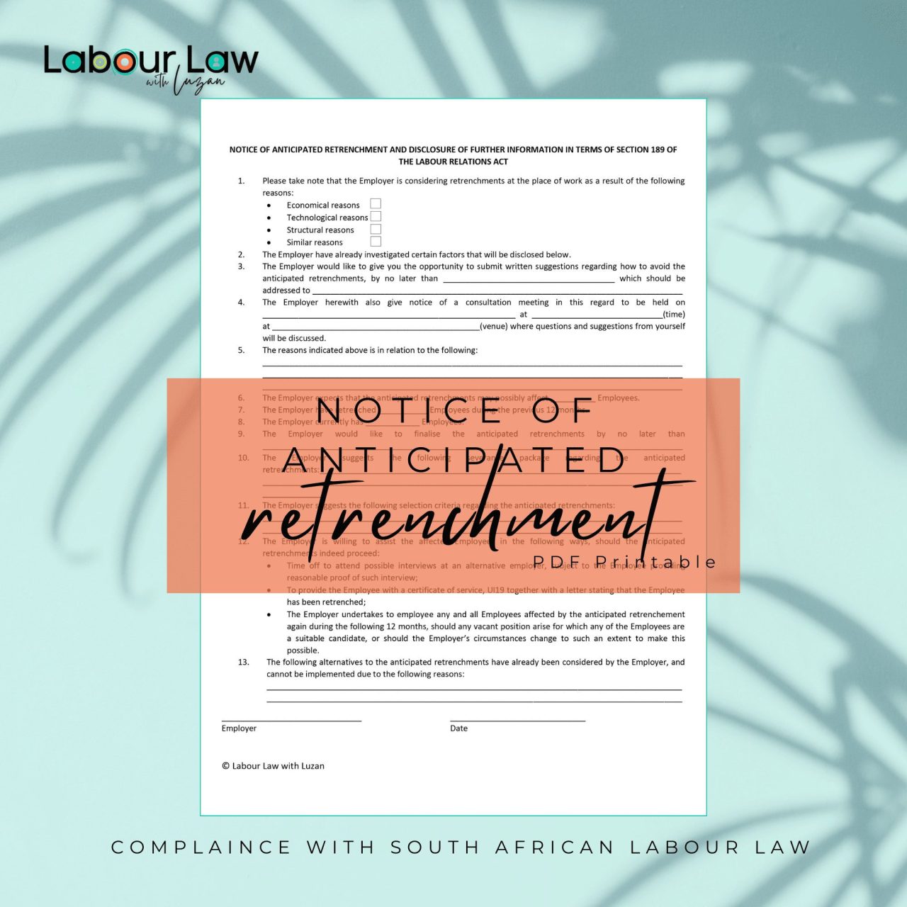 Notice of Anticipated Retrenchment (PDF Template) - Labour Law with Luzan